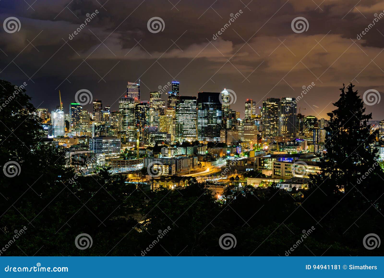 Seattle Skyline at Night stock image. Image of cityscape - 94941181