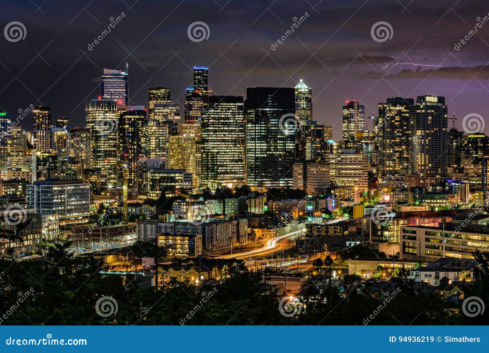 Seattle Skyline at Night stock image. Image of seattle - 94936219