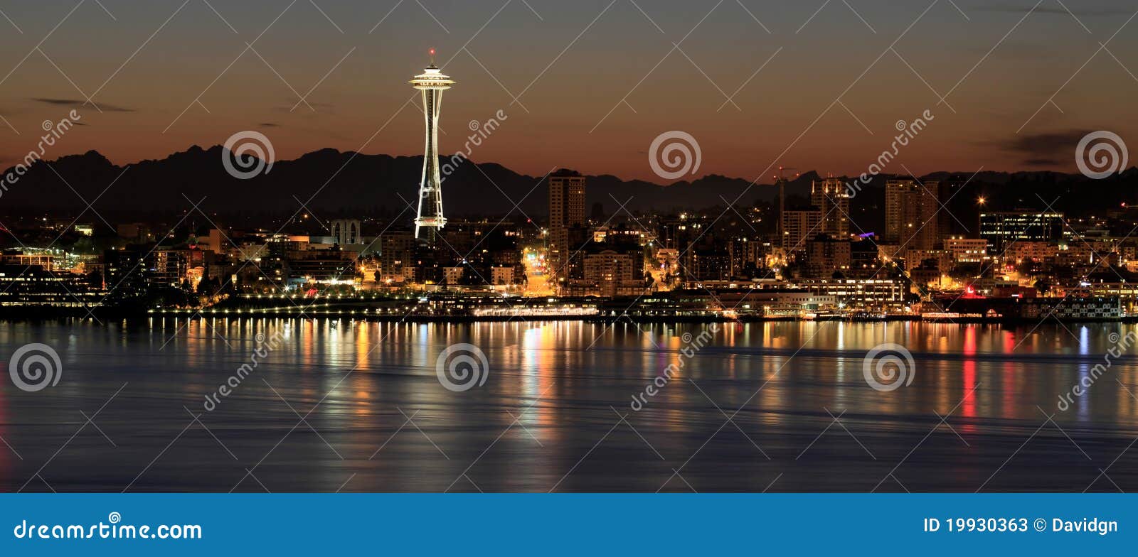 Seattle Skyline at Night by the Pier Panorama Stock Image - Image of ...