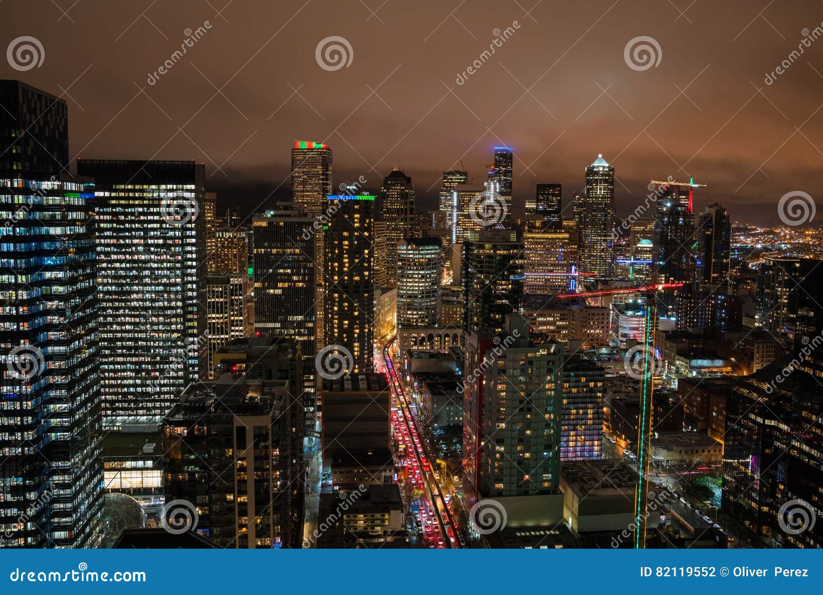Seattle Skyline Office Buildings at Night Editorial Photography - Image ...