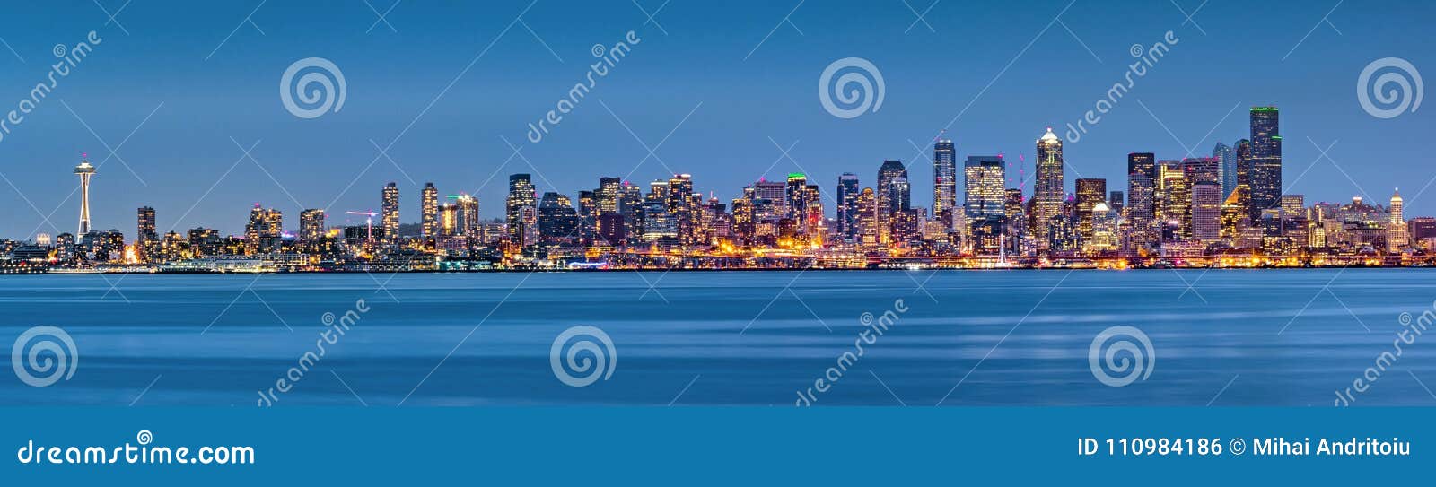Seattle Skyline Panorama at Dusk Stock Photo - Image of parking ...