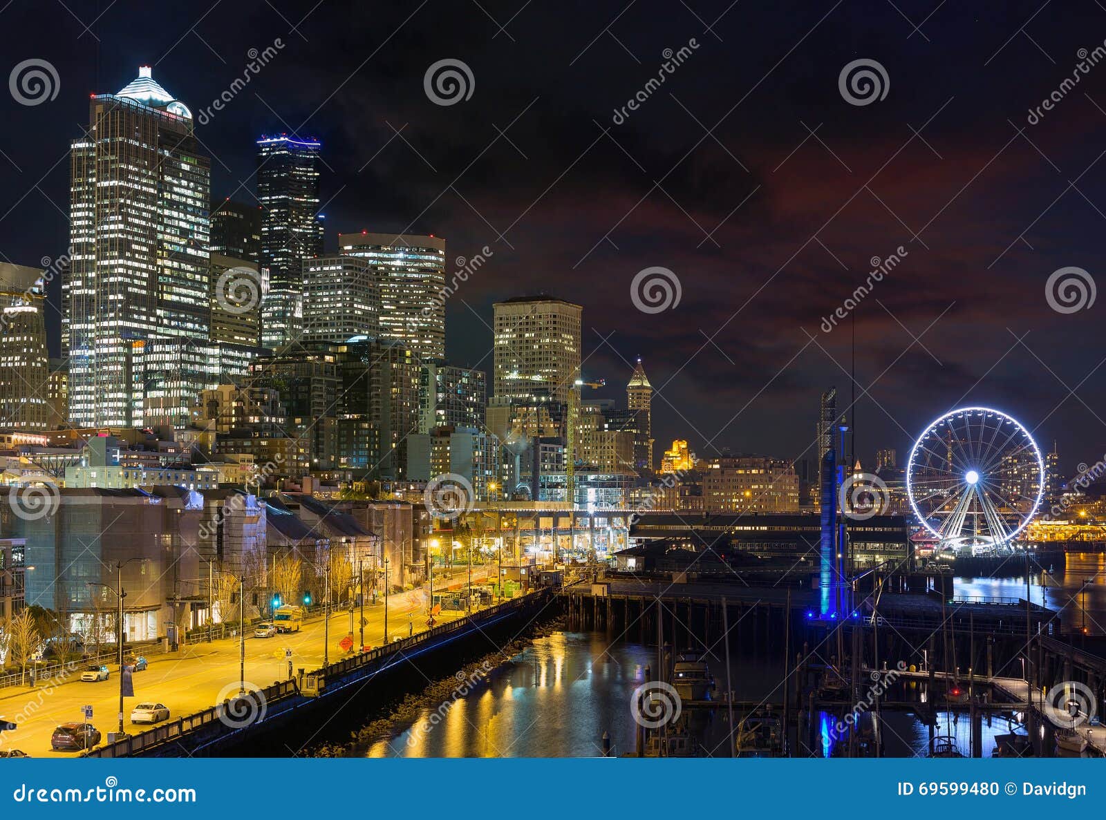 Seattle Skyline by the Pier at Night Stock Photo - Image of office ...