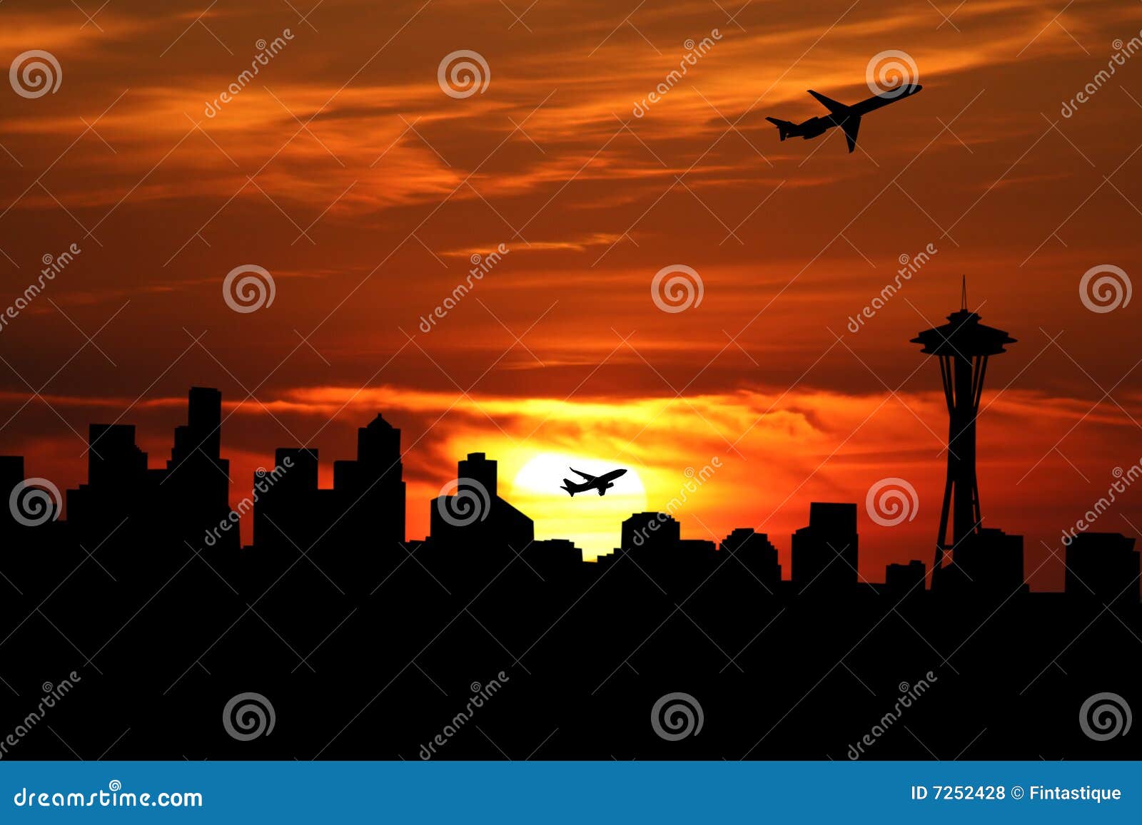 Seattle Skyline with Planes Editorial Stock Photo - Illustration of ...