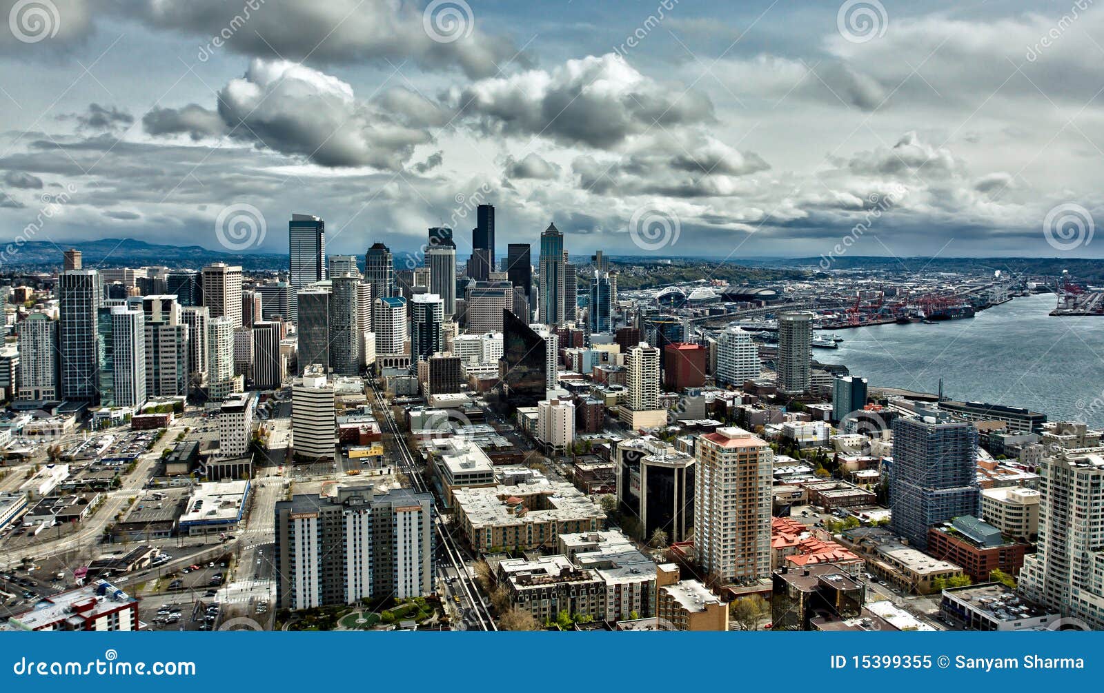 Seattle Skyline and Port on a Cloudy Day Stock Image - Image of ...