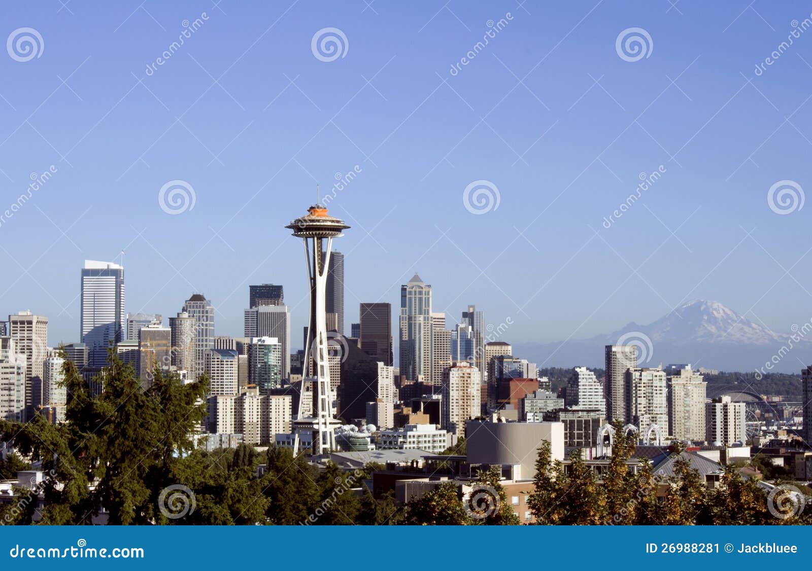 Seattle with Space Needle and Mount Rainier Stock Image - Image of ...