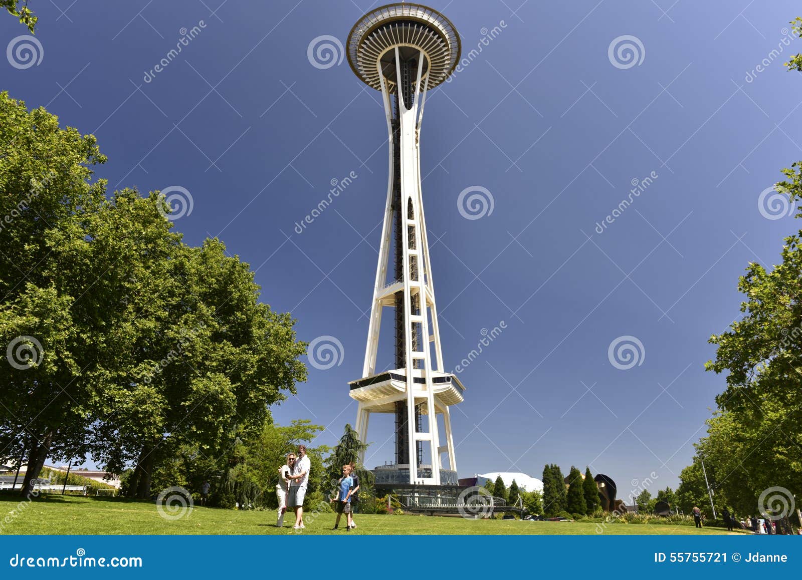 Space Needle Tower Framed By The Trees In The Park, Seattle, USA ...