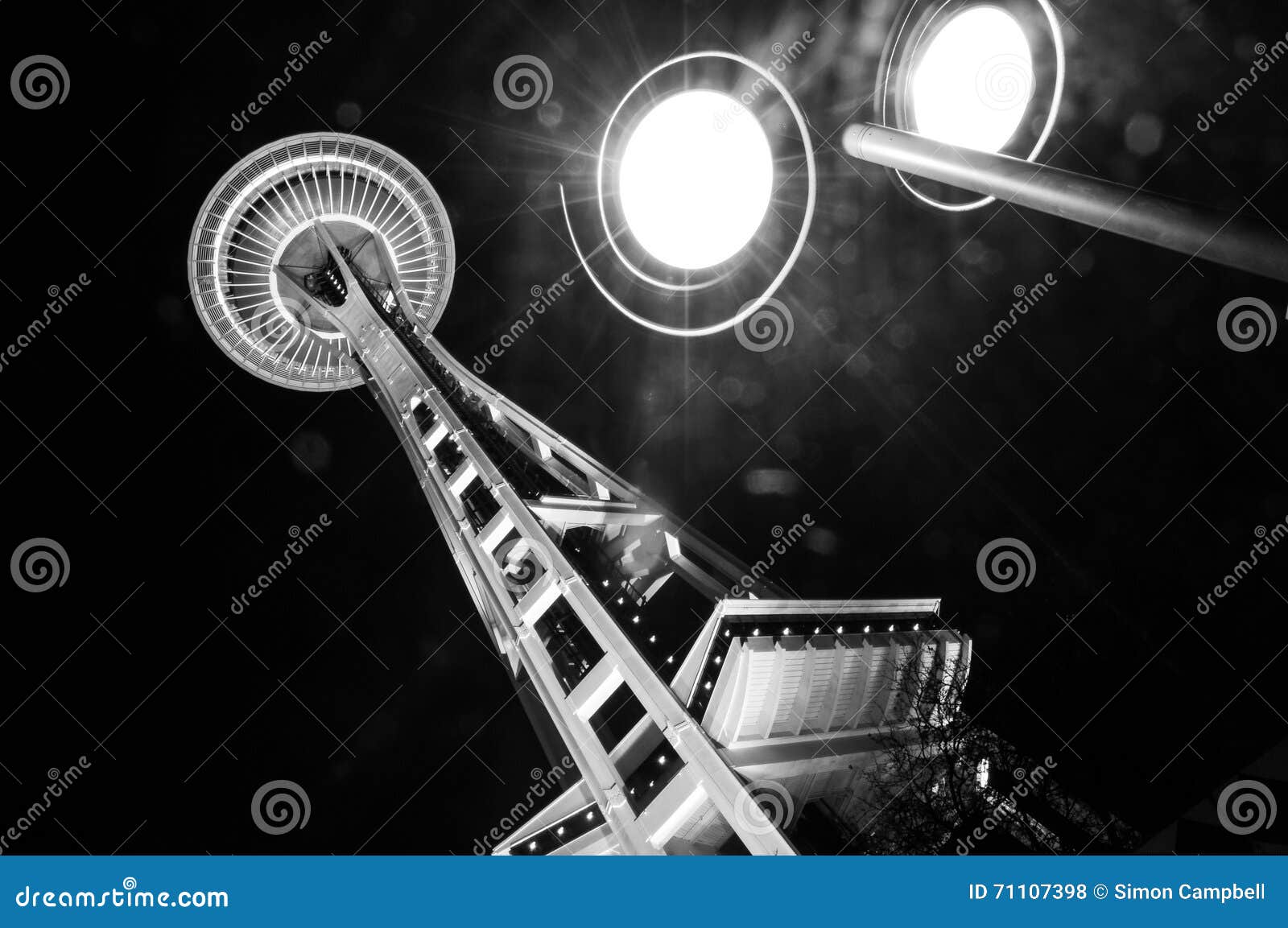 Seattle Space Needle Underneath Lights at Night B/W Editorial Stock ...