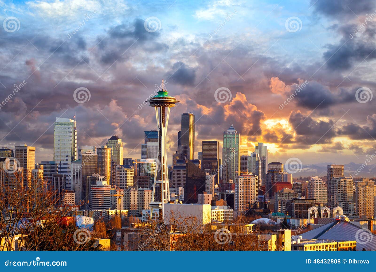 Seattle at sunset editorial stock photo. Image of financial - 48432808