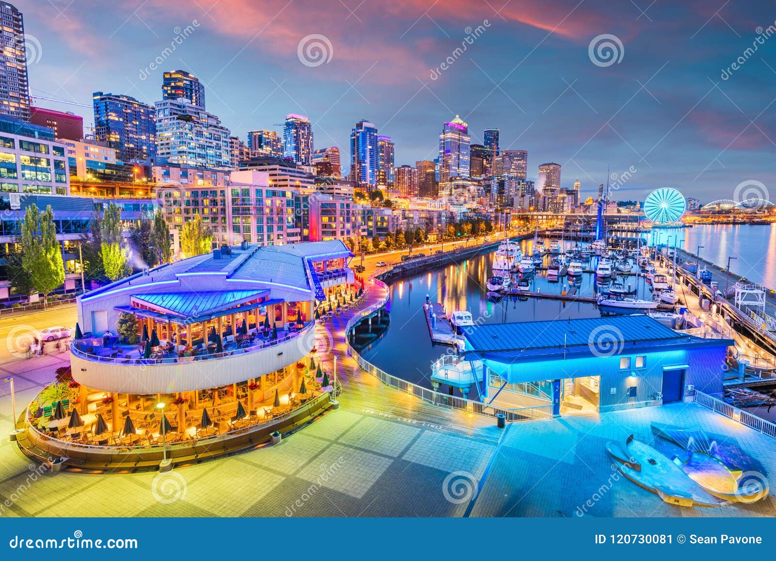 Seattle, Washington, USA Pier and Skyline Stock Image - Image of park ...