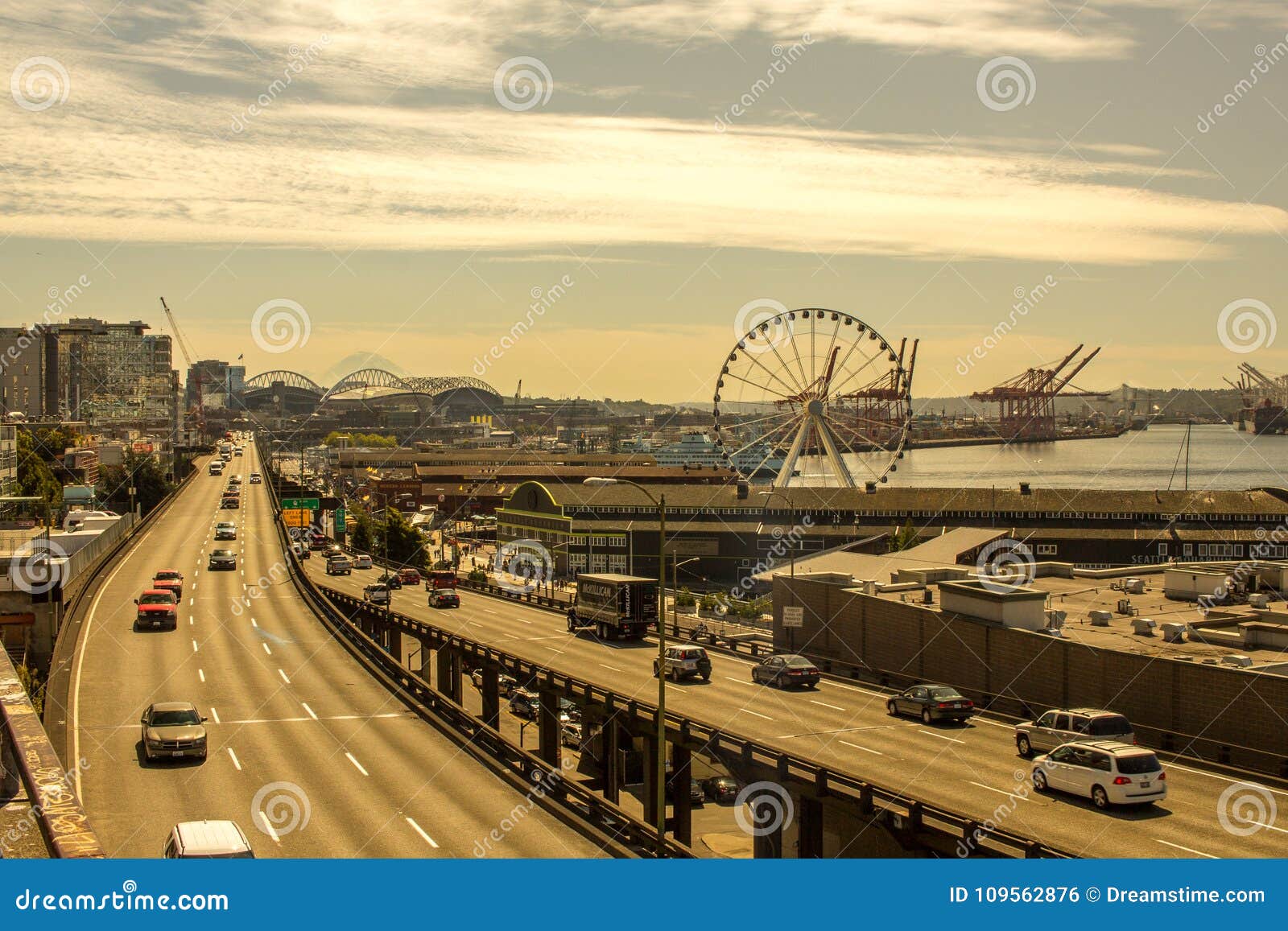 Seattle Waterfront in the Afternoon with a View of the Ferris Wheel ...
