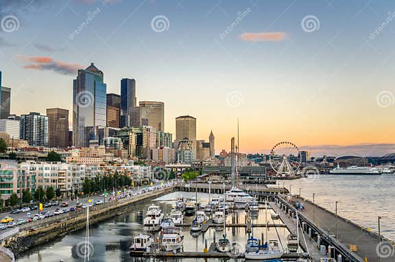 Seattle Waterfront at Sunset Stock Image - Image of colorful, pier ...
