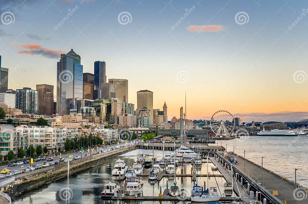 Seattle Waterfront at Sunset Stock Image - Image of colorful, pier ...