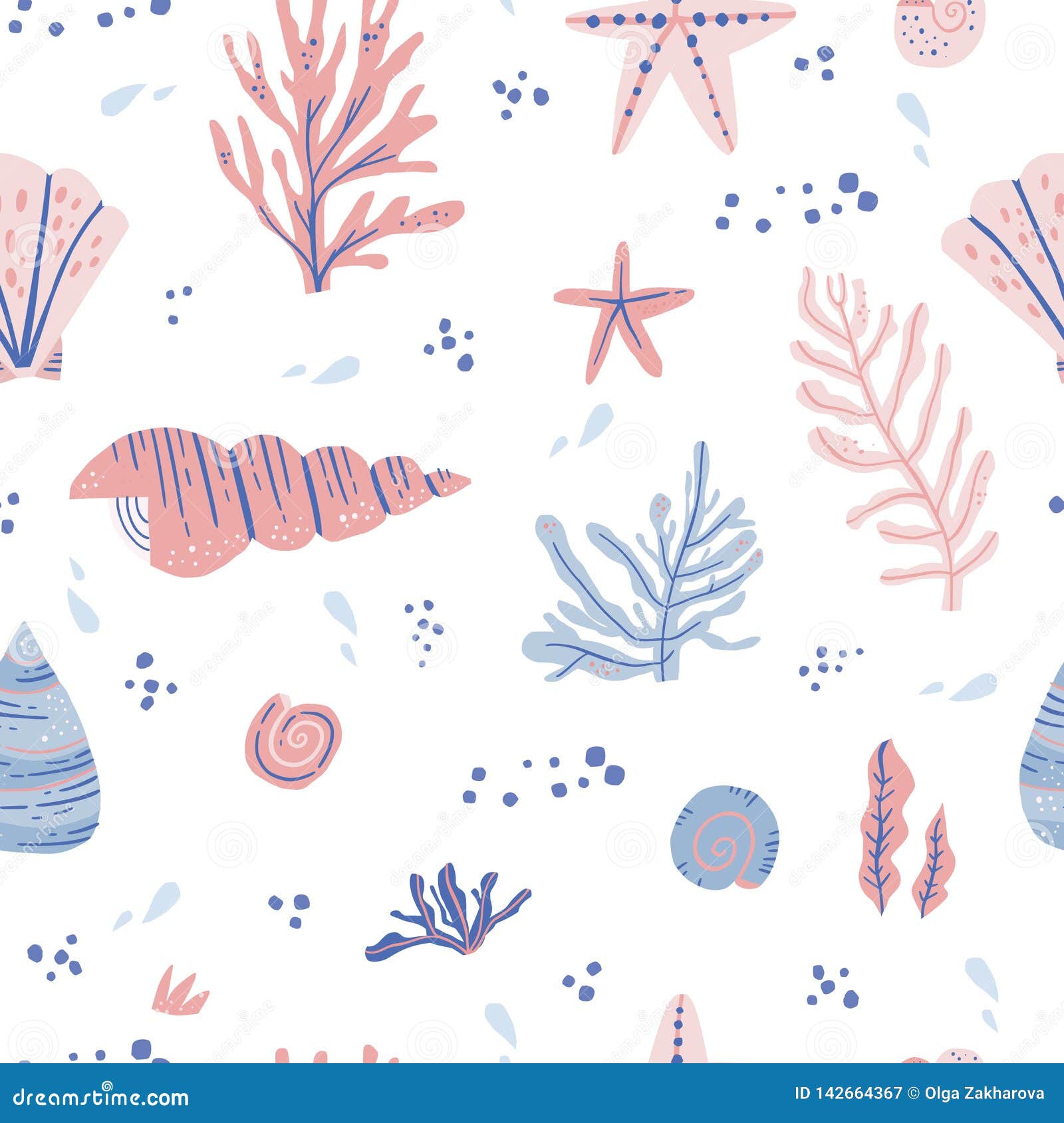 Seaweeds and Shells Hand Drawn Seamless Pattern Stock Vector ...