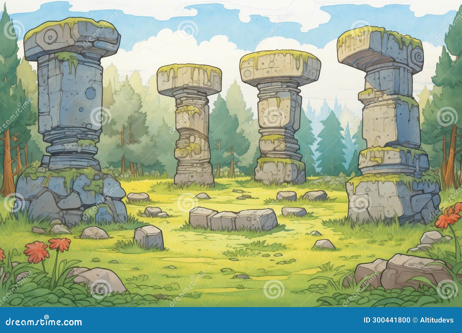 A Secluded Glade with a Circle of Stone Pillars Stock Illustration ...