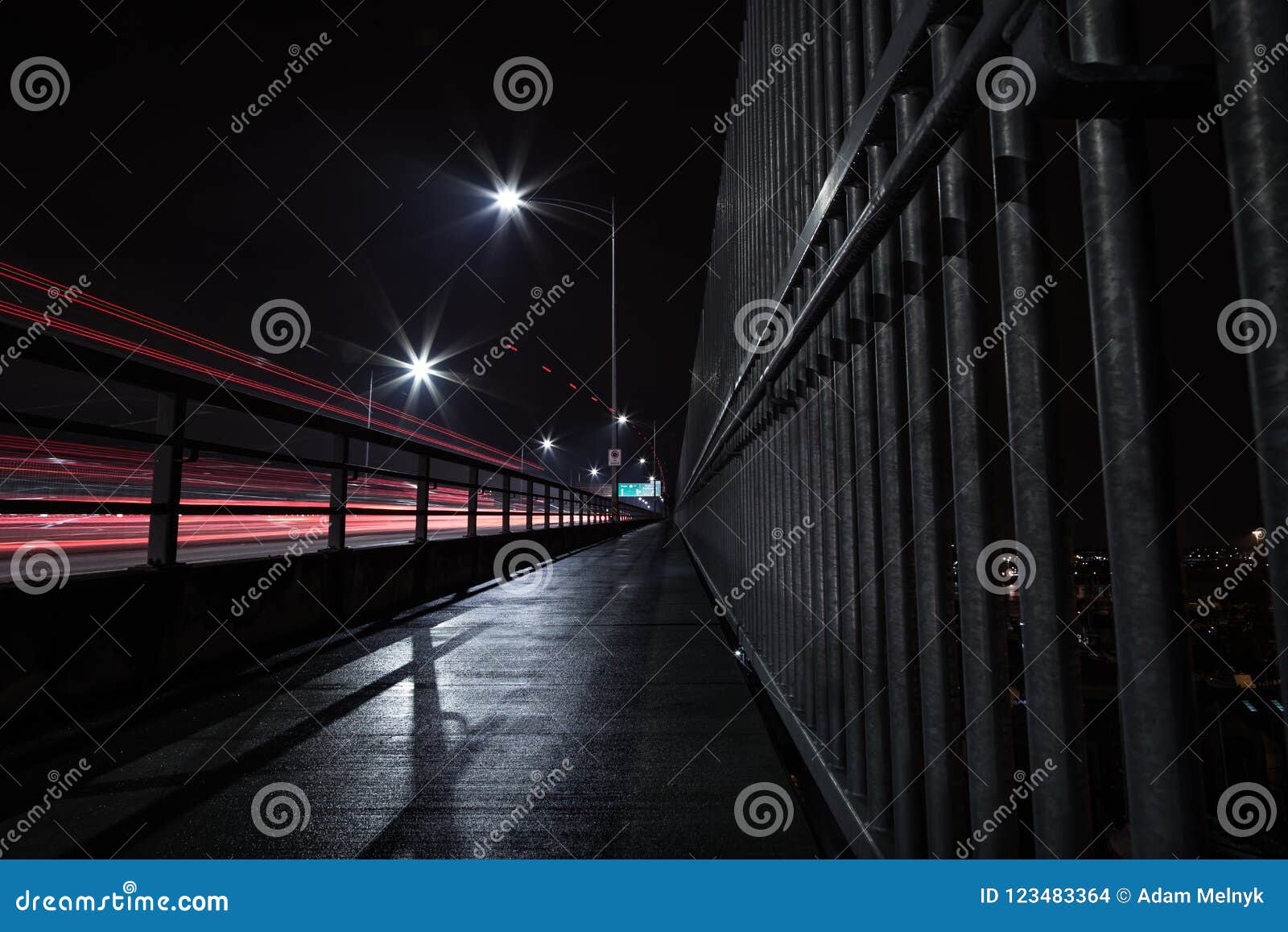 The Second Narrows Bridge Sidewalk at Night, with Light Trails from ...