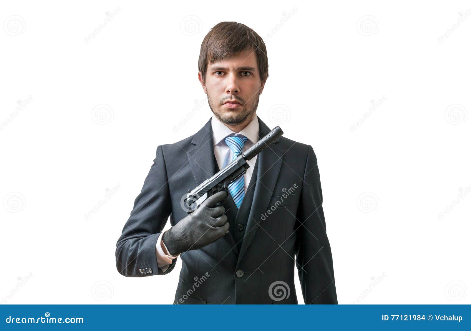 Secret Agent or Murderer with Pistol in Hand. Isolated on White. Stock ...