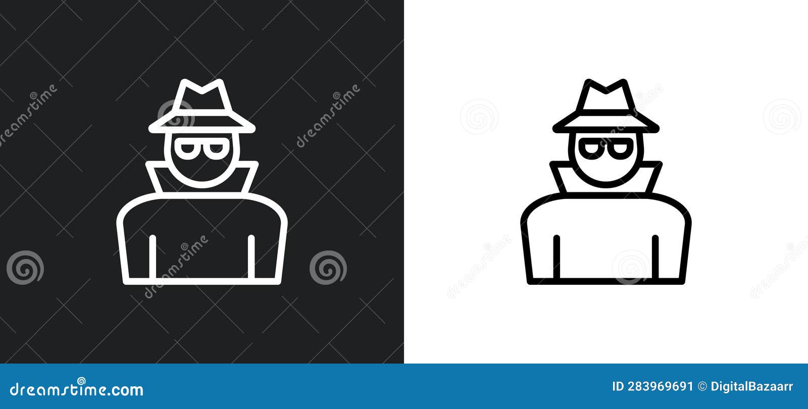 Secret Agent Outline Icon in White and Black Colors. Secret Agent Flat ...
