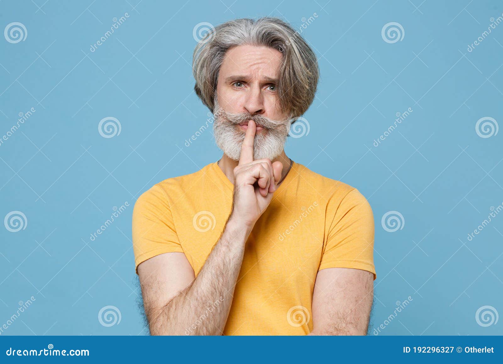 Secret Elderly Gray Haired Mustache Bearded Man In Casual Yellow T