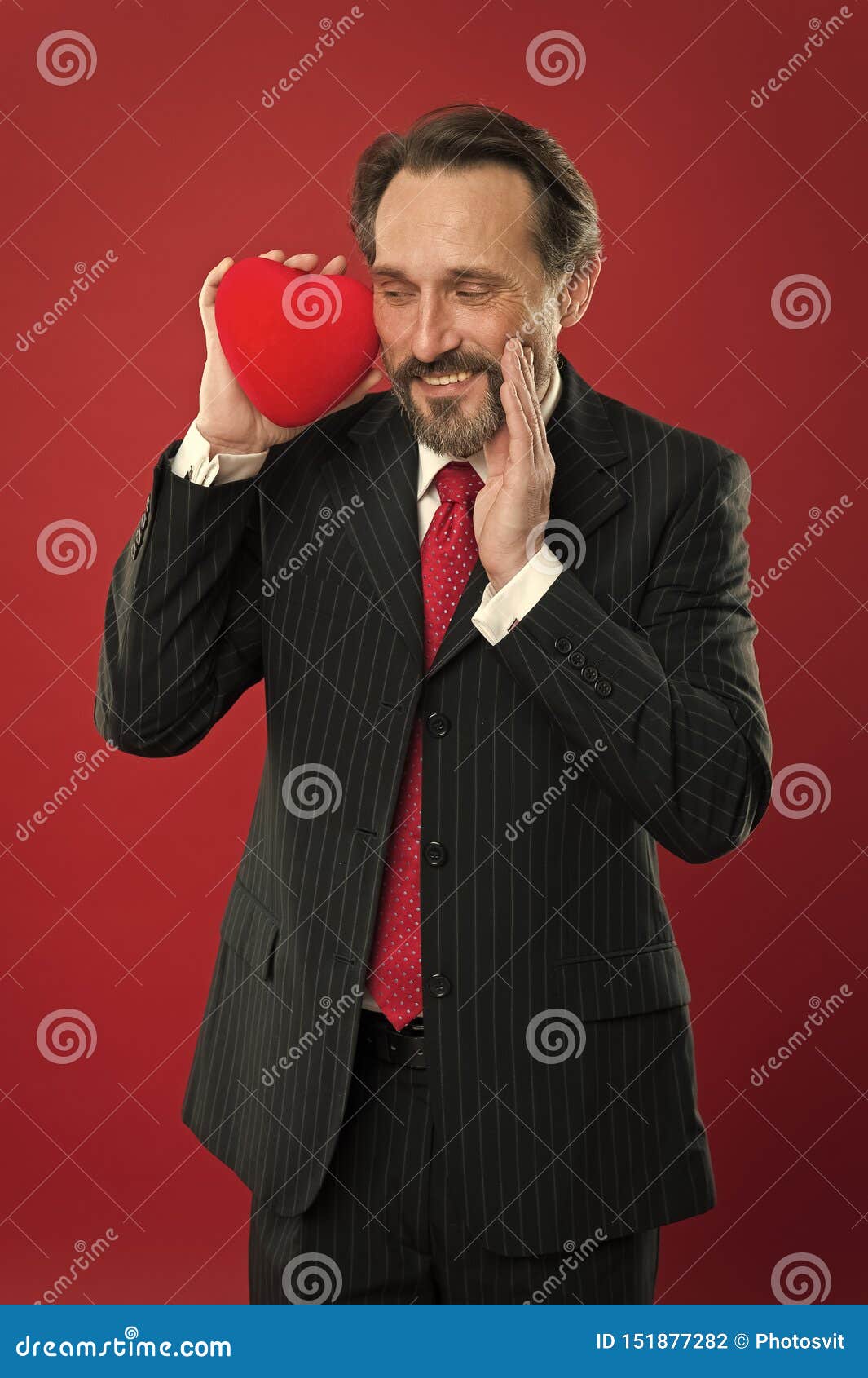 Secret Love Man Mature Handsome Guy Wear Elegant Suit Hold Red Heart