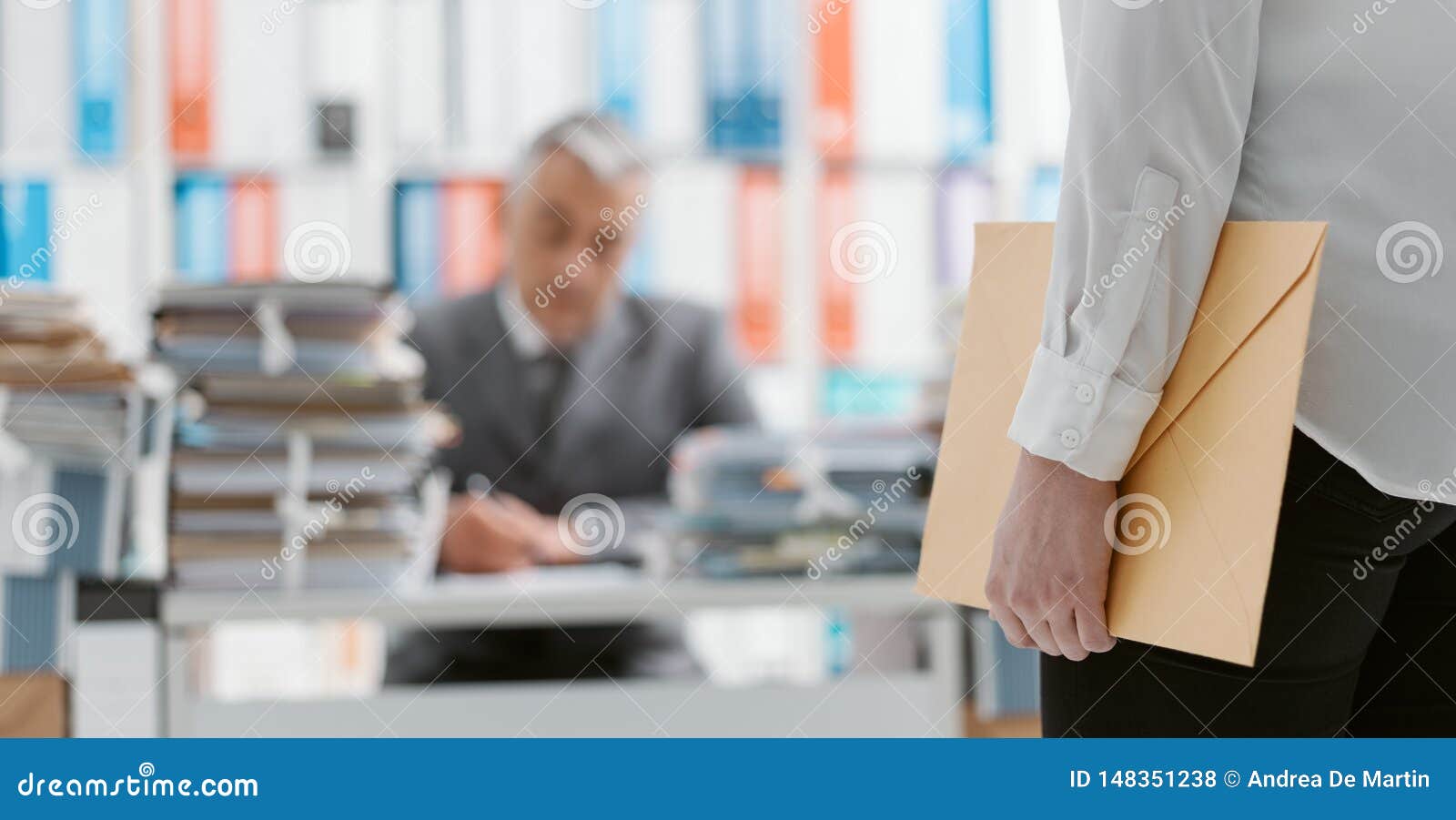 Secretary Bringing an Envelope To Her Boss Stock Photo - Image of chief ...