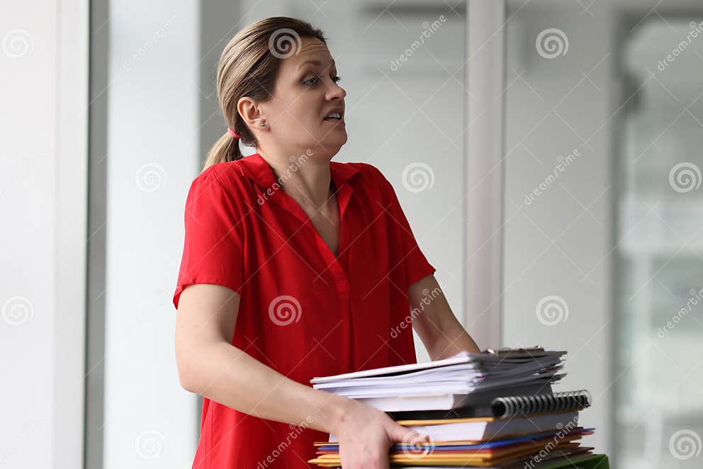 Secretary Carries Heavy Stack of Folders with Documents Stock Image ...