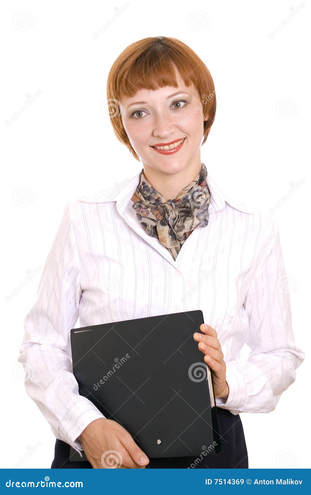 The Secretary With A Folder And Documents Is In The Office. During This ...