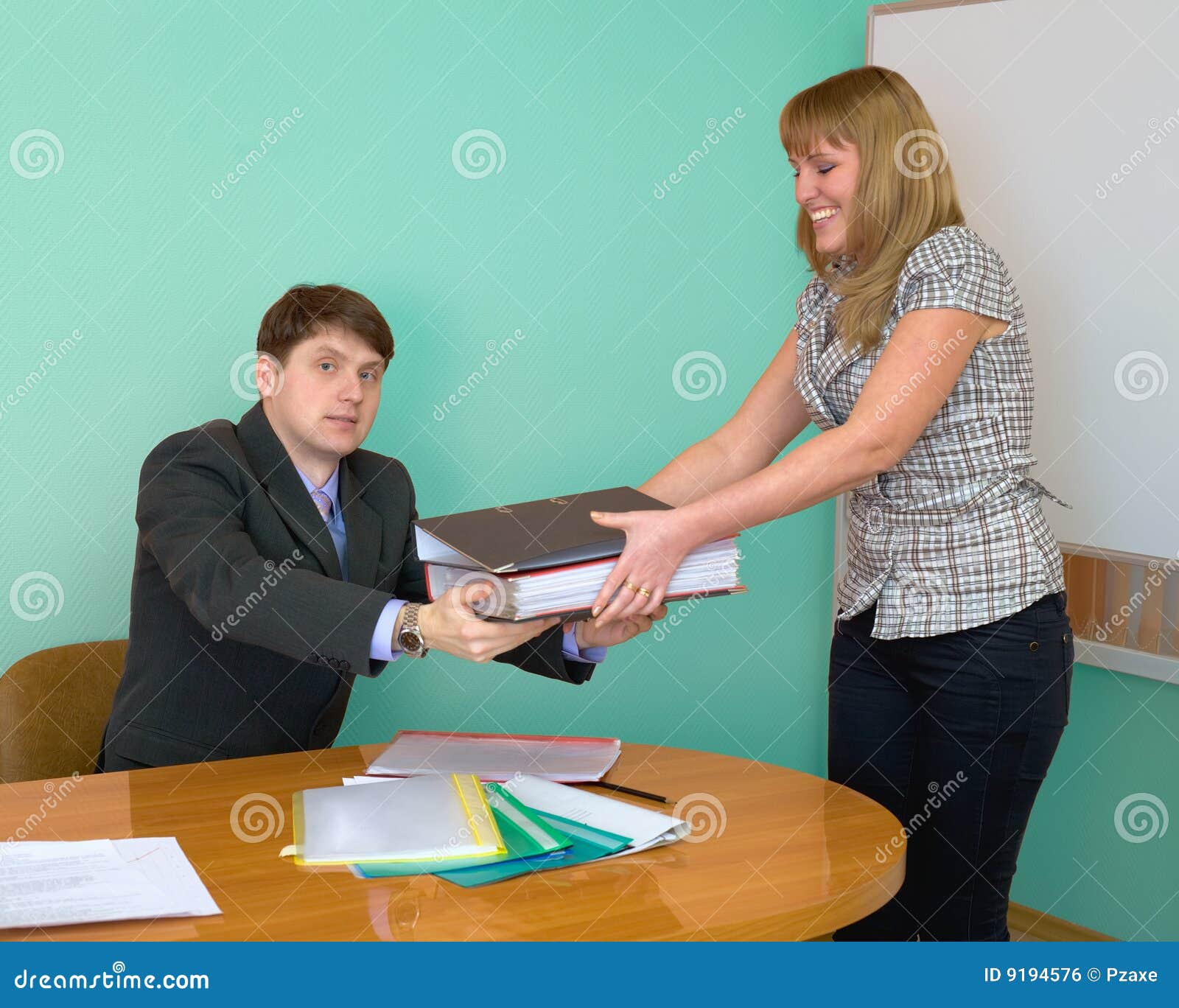 Secretary Gives a Folders To the Chief Stock Photo - Image of human ...