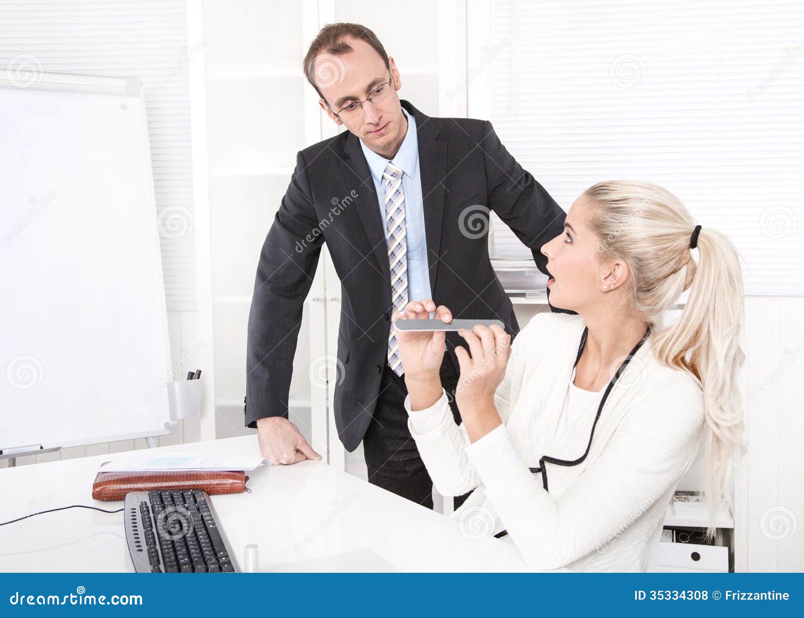 Secretary Making Manicure at Office and Surprised Boss. Stock Photo ...