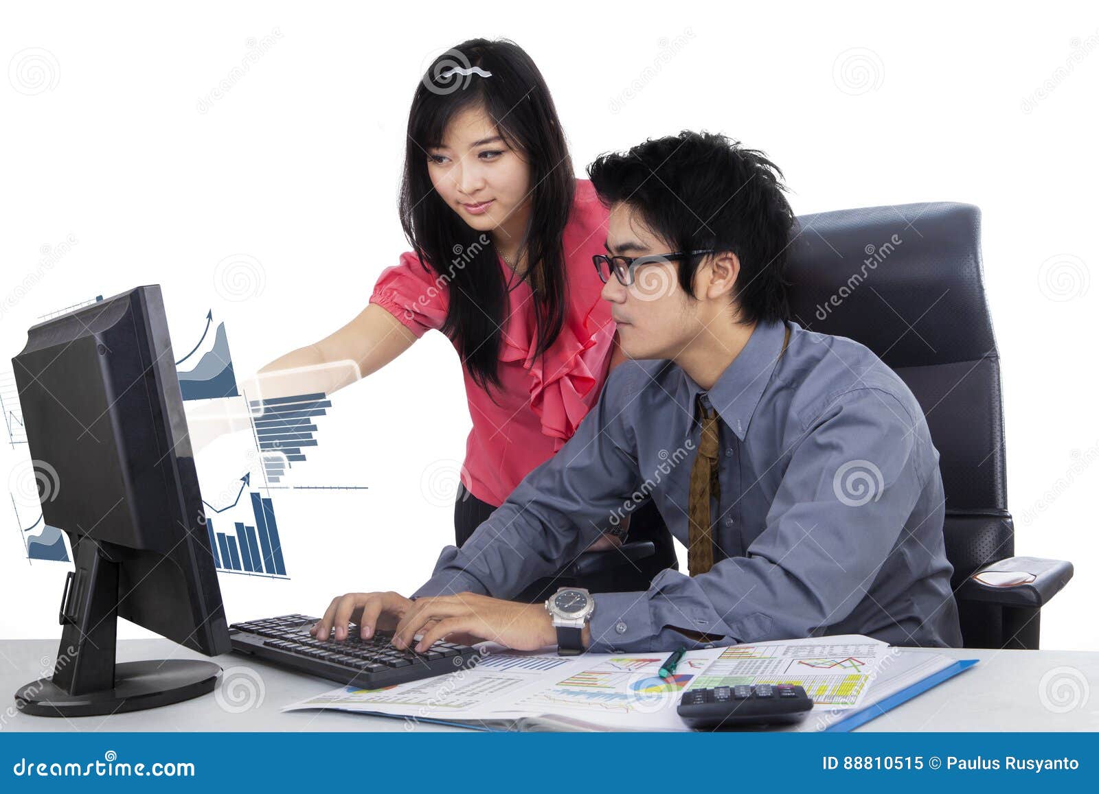 Secretary and Manager with Virtual Screen Stock Image - Image of happy ...