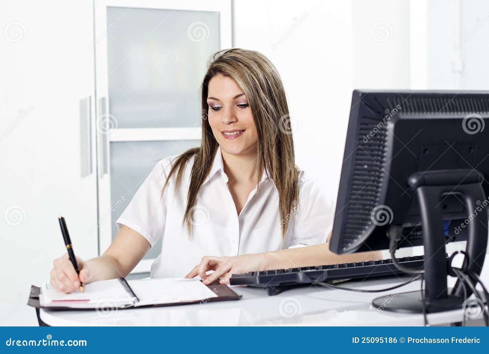 Secretary with Pen and Computer Stock Photo - Image of business, adult ...