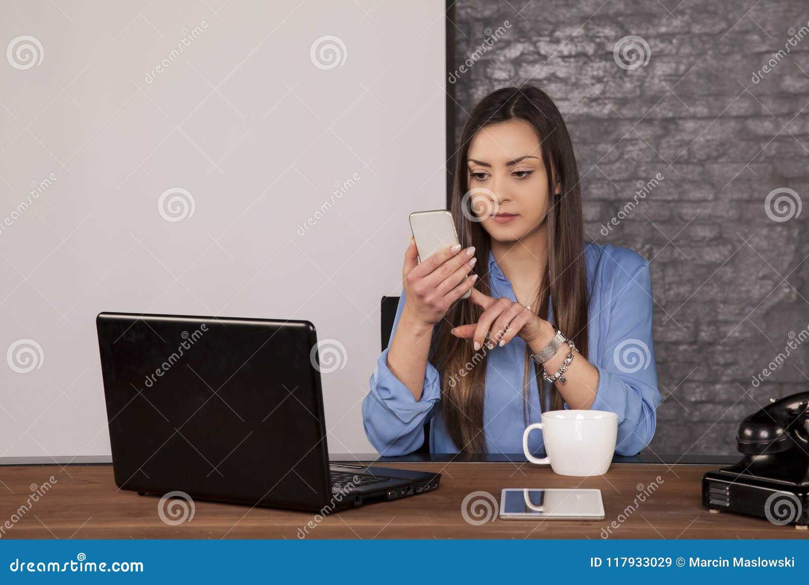 The Secretary Sends Sms Messages while Working Stock Image - Image of ...