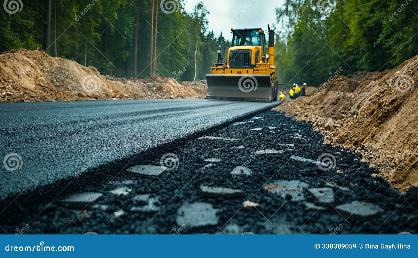 A Section of an Asphalt Road Under Construction with Visible Machinery ...