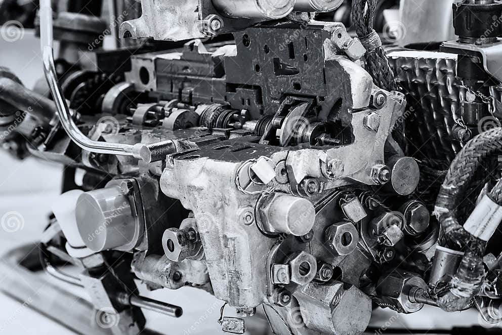 Section of an Modern Engine Black and White Stock Photo - Image of ...