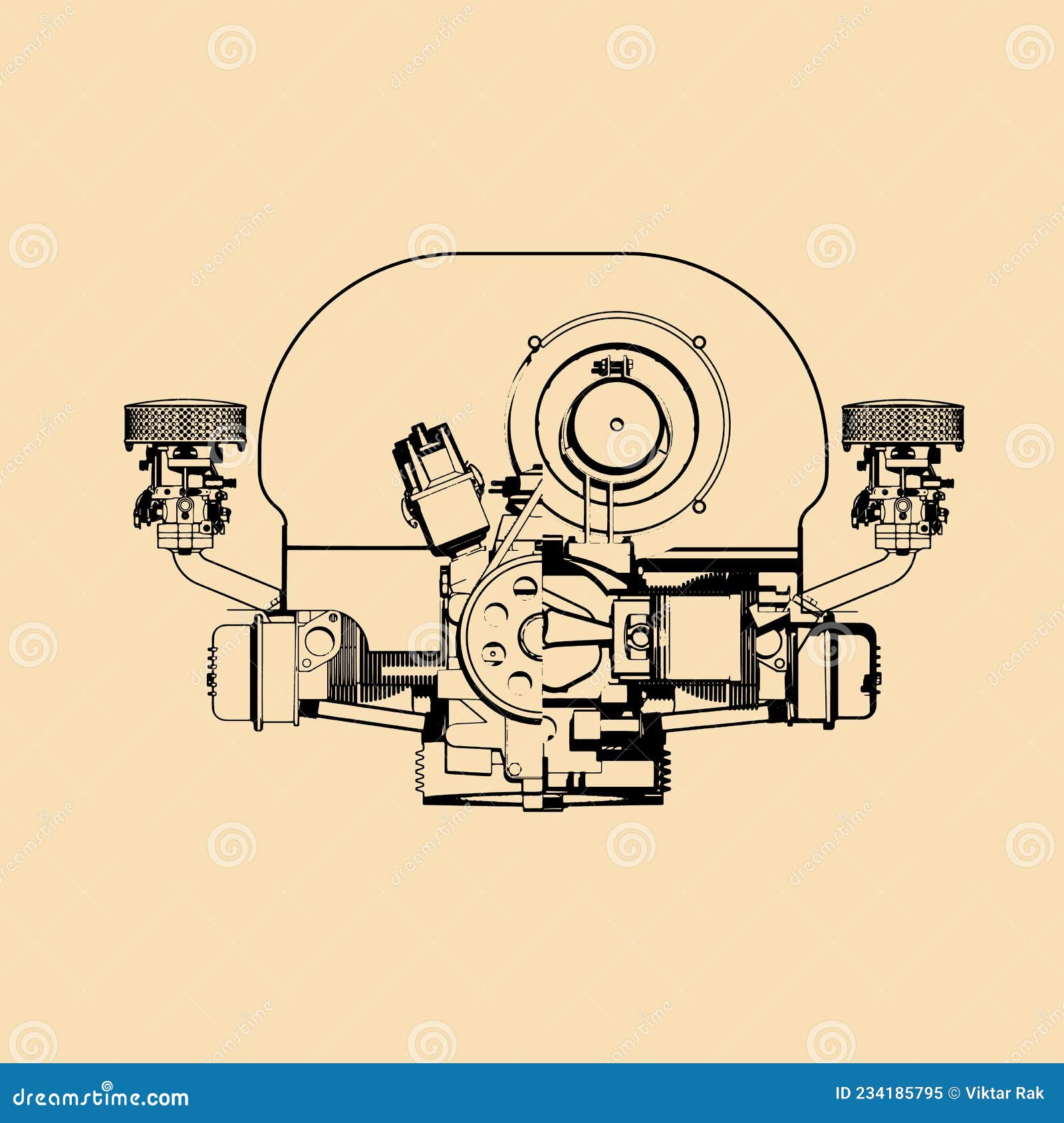Sectional Drawing Of An Aircooled Boxer Engine Cartoon Vector ...