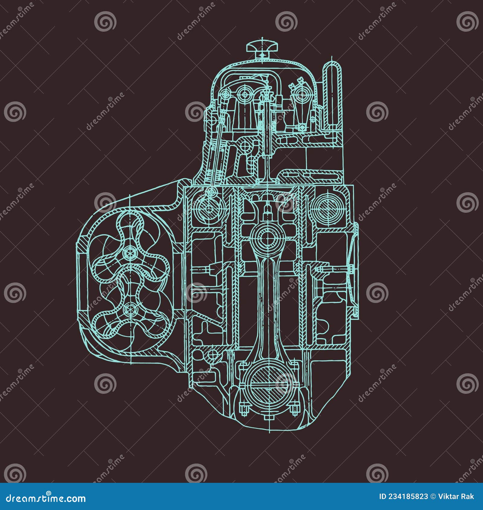 Sectional Drawing Of An Vintafe Two-stroke Diesel Engine With A Blower ...