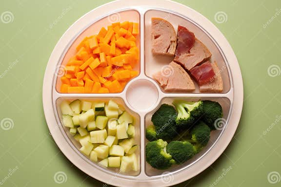 A Sectioned Plate Illustrating Portion Control in Meals Stock Image ...