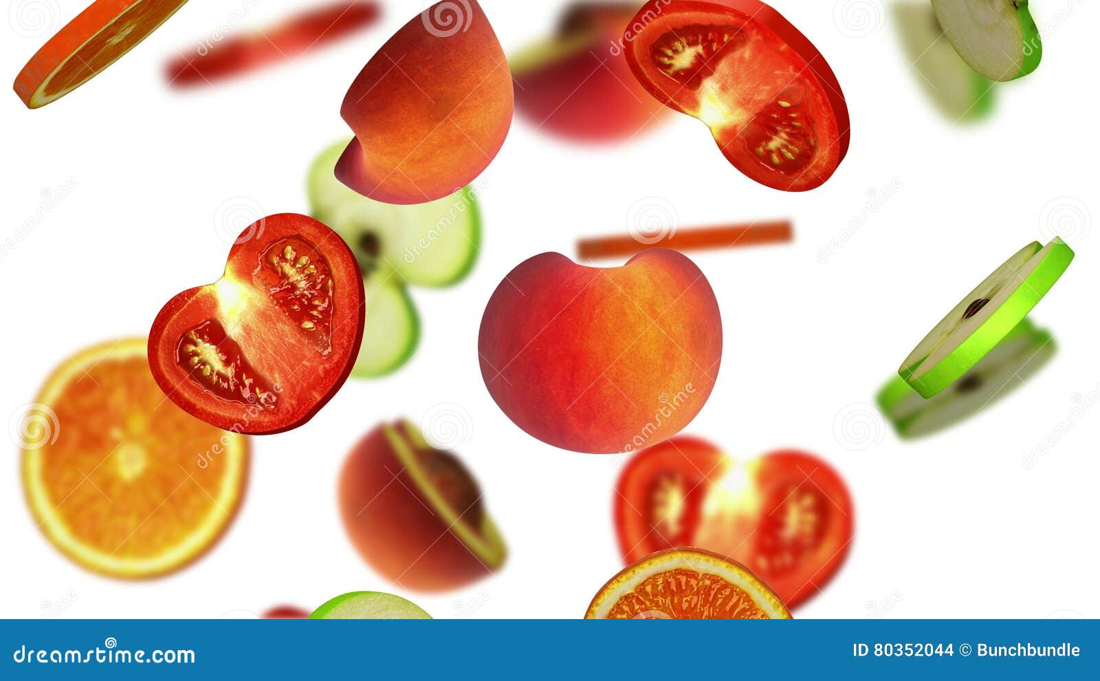 Sections of Fruits Falling on White Background, 3d Illustration Stock ...
