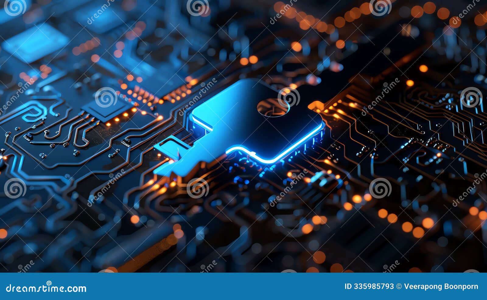 Secure Access Tech, Glowing Blue Digital Key on Circuit Board, 3D ... Secure Access Tech, Glowing Blue Digital Key on Circuit Board, 3D ...