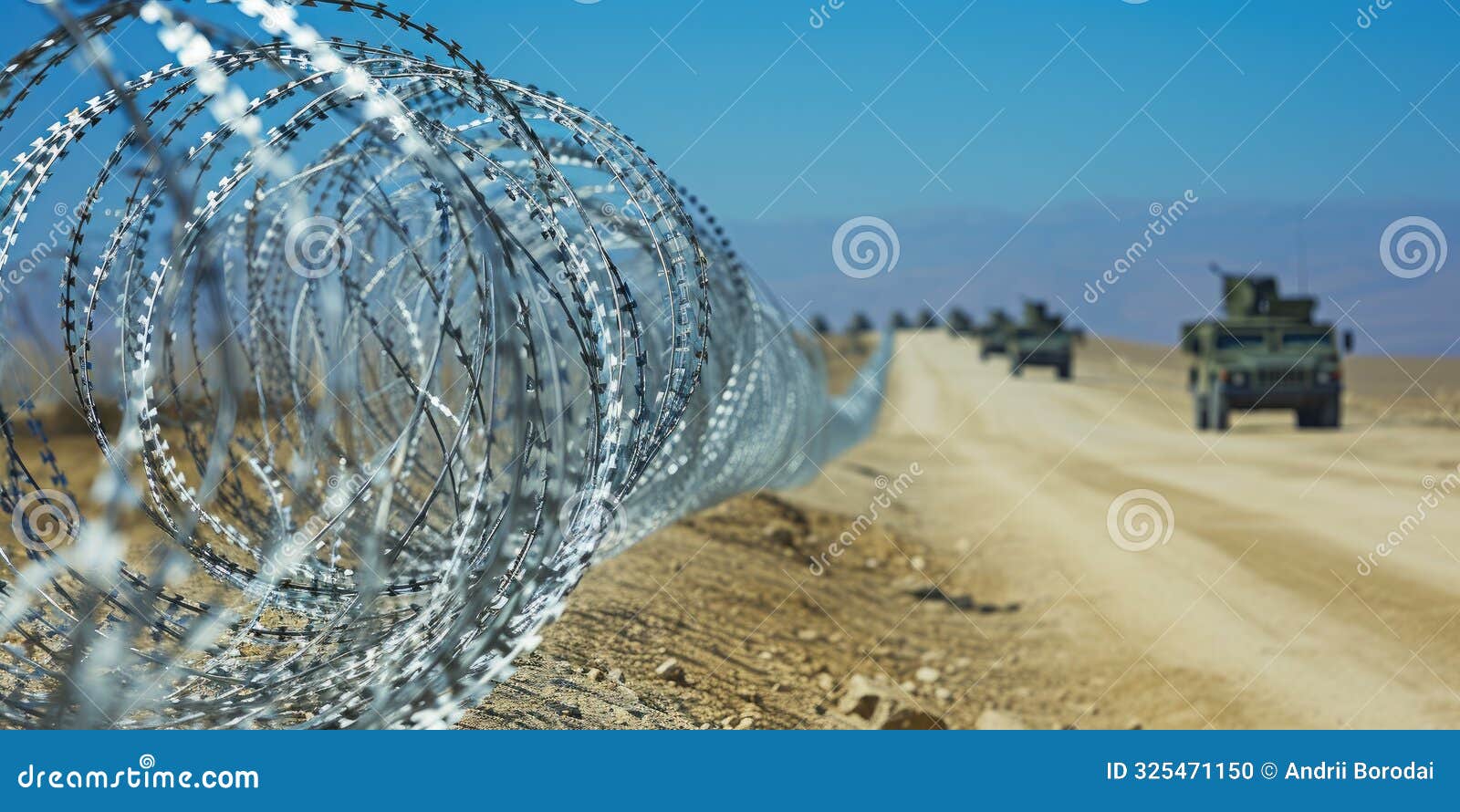 Secure Border: Barbed Wire and Roadway. Stock Illustration ...