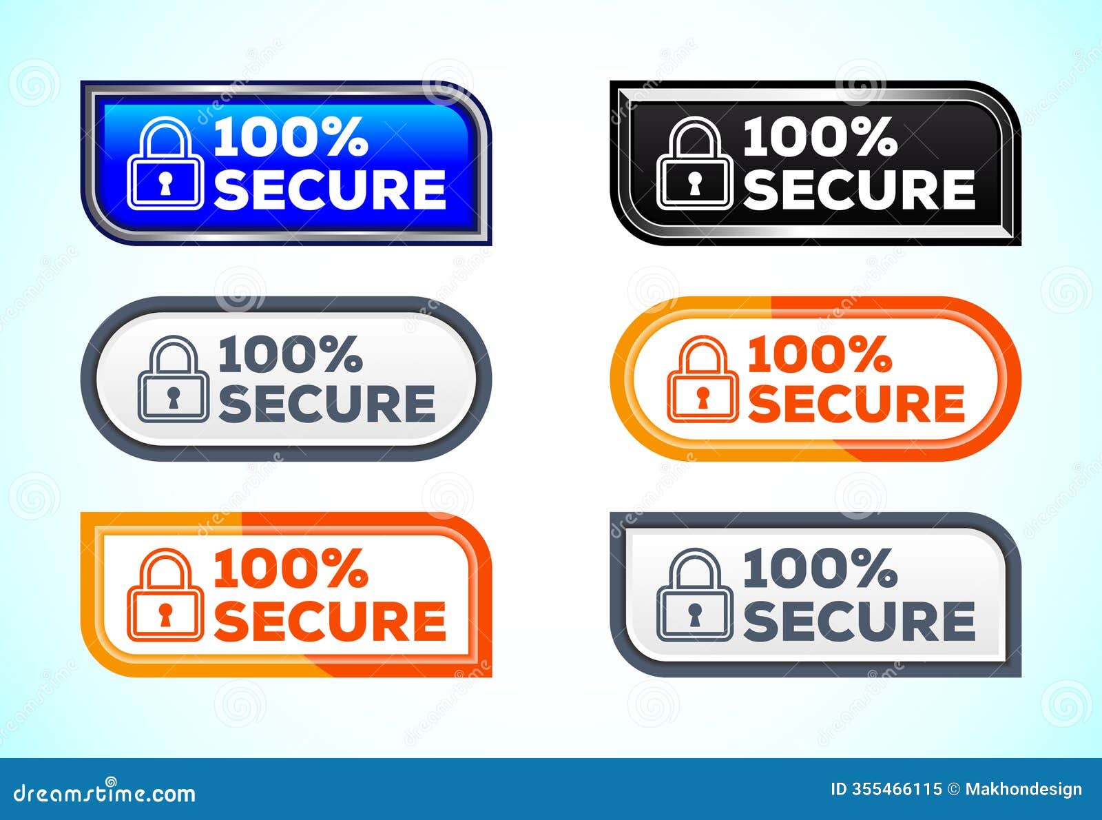 100 Secure Button Set of Different Shapes and Colors. Suitable for Mobile App, and Website UI ...
