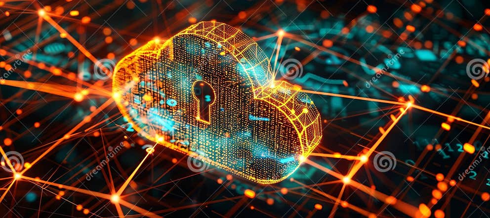 Secure Cloud Concept Lock Icon in Translucent Cloud on Neon Digital ...