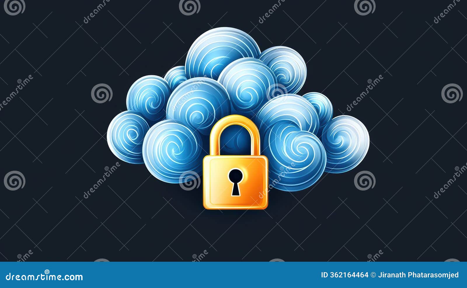Secure Cloud Storage Concept with Lock Symbol and Swirling Blue Clouds for Data Protection and ...