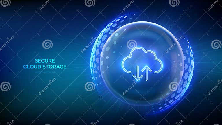 Secure Cloud Storage. Cloud Icon Inside Transparent Protection Sphere Shield with Hexagon ...