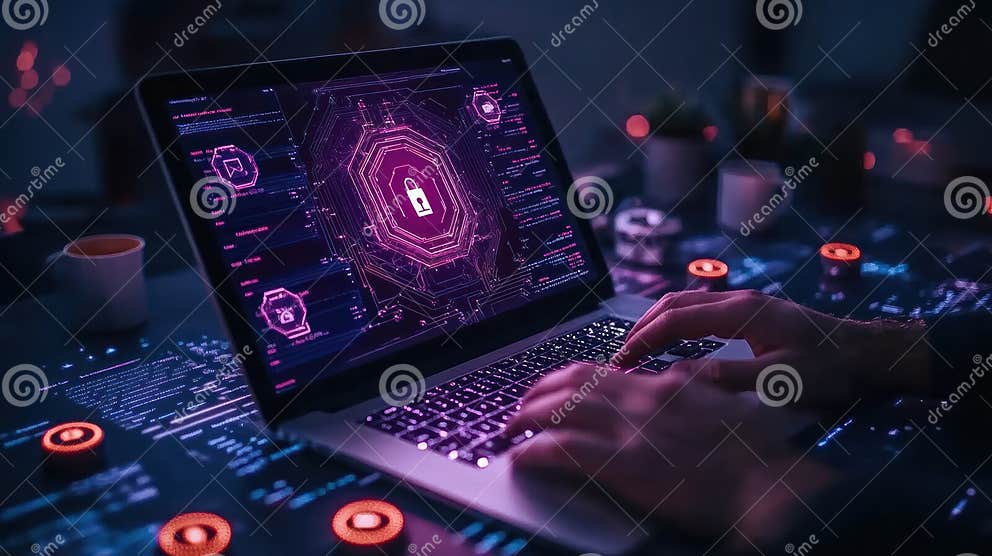 Secure Computing: Man Hands on Laptop with Cybersecurity Hologram Stock ...