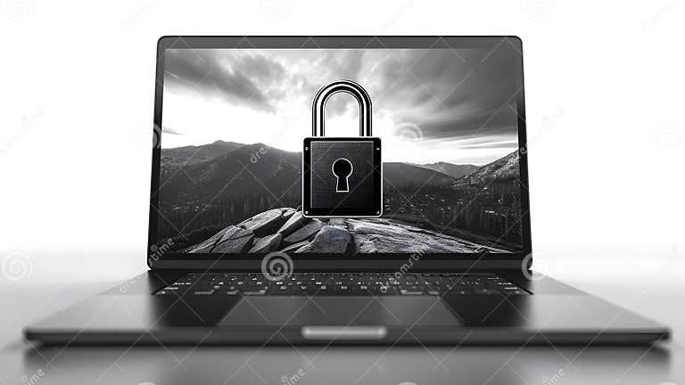 Secure Computing: Padlock Over Mountain Wallpaper on Laptop. Concept ...