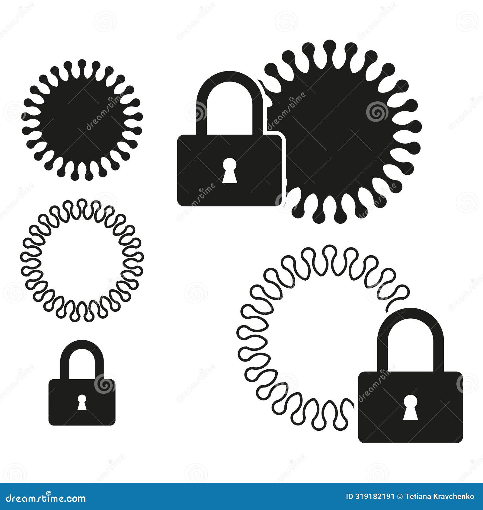 Secure Connection Icons Set. Black Virus and Padlock Symbols. Vector ...