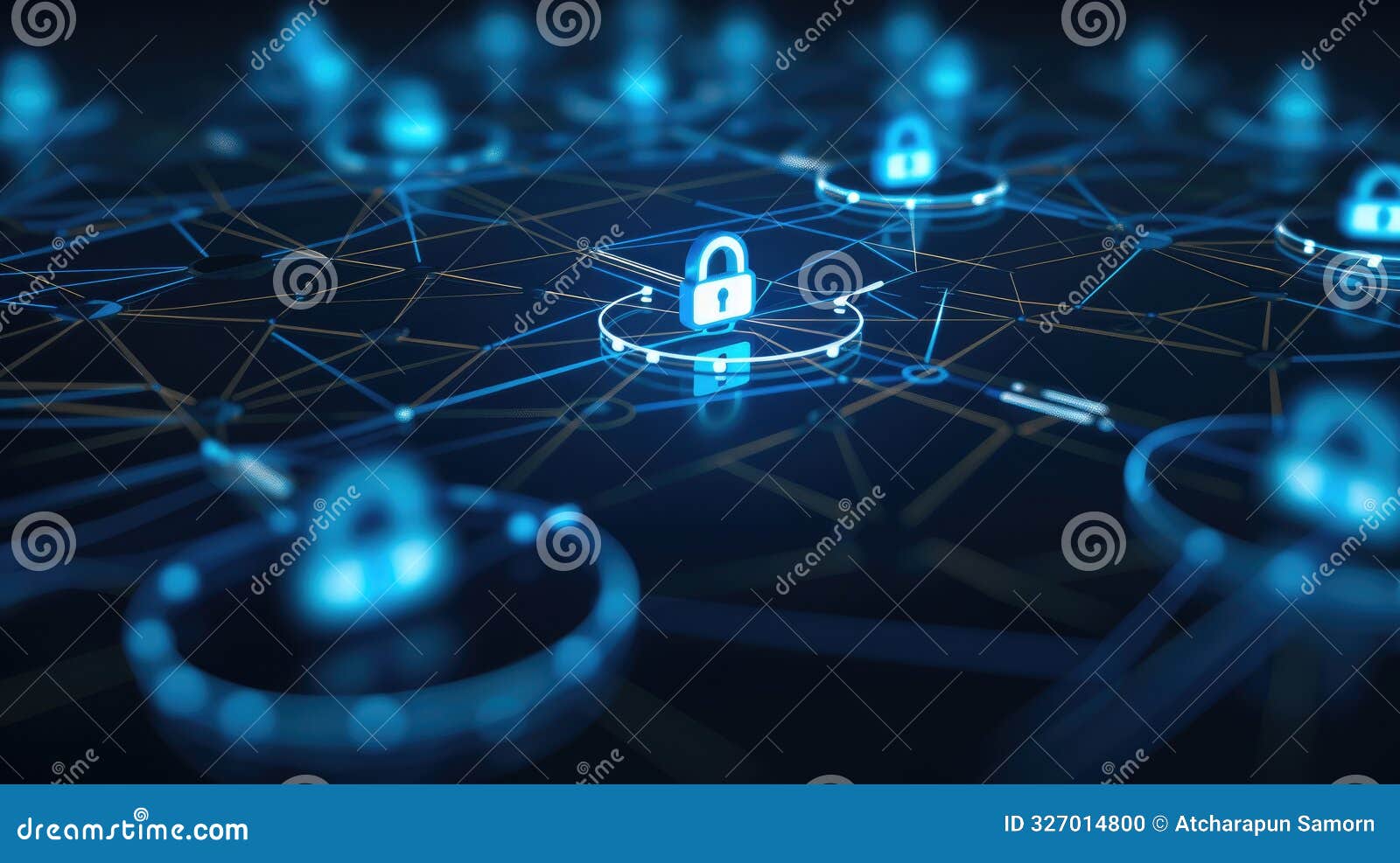 Secure Connections, Blue Padlock Icon Over Network of Interconnected ...