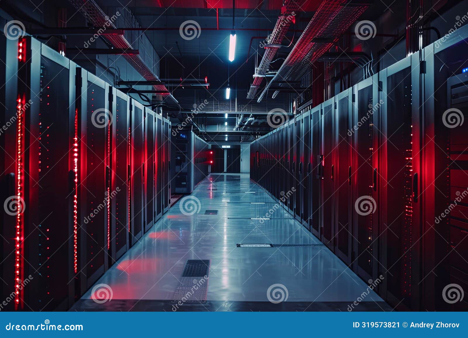A Secure Data Center Hallway Filled with Rows of Red and Black Servers ...