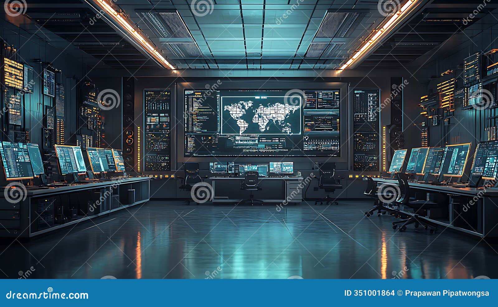 Secure Data Center Operations Room with Multiple Screens and Global Map ...