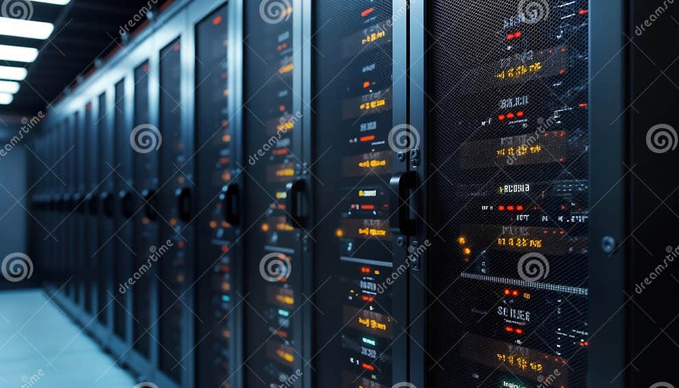 Secure Data Center Server Racks Line Room. Tech Equipment Lights Up ...